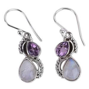 novica artisan handmade amethyst rainbow moonstone dangle earrings silver with faceted sterling clear purple india birthstone [1.4 in l x 0.4 in w x 0.2 in d] ' two teardrops'