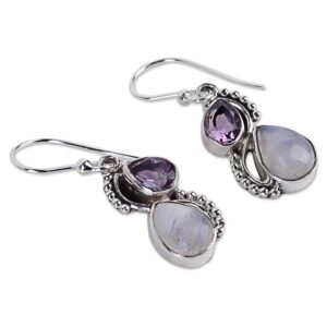 NOVICA Artisan Handmade Amethyst Rainbow Moonstone Dangle Earrings Silver with Faceted Sterling Clear Purple India Birthstone [1.4 in L x 0.4 in W x 0.2 in D] ' Two Teardrops'