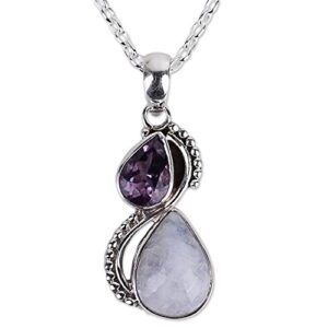 novica artisan handcrafted amethyst rainbow moonstone pendant necklace | sterling silver teardrop pendant necklace | silver with faceted sterling clear purple from india two teardrop necklace