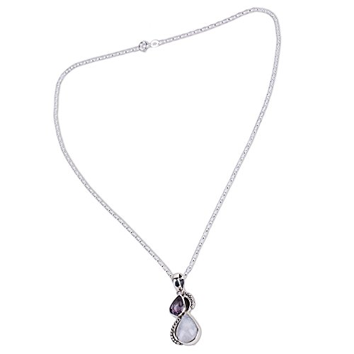 NOVICA Artisan Handcrafted Amethyst Rainbow Moonstone Pendant Necklace | Sterling Silver Teardrop Pendant Necklace | Silver with Faceted Sterling Clear Purple from India Two Teardrop Necklace