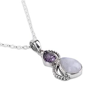 NOVICA Artisan Handcrafted Amethyst Rainbow Moonstone Pendant Necklace | Sterling Silver Teardrop Pendant Necklace | Silver with Faceted Sterling Clear Purple from India Two Teardrop Necklace