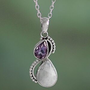 NOVICA Artisan Handcrafted Amethyst Rainbow Moonstone Pendant Necklace | Sterling Silver Teardrop Pendant Necklace | Silver with Faceted Sterling Clear Purple from India Two Teardrop Necklace