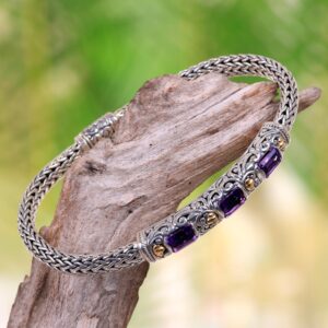 NOVICA Artisan Handmade Gold Accent Amethyst Braided Bracelet Bali Silver Sterling Purple Pendant Indonesia Birthstone Balinese 'Bedugul Temple'