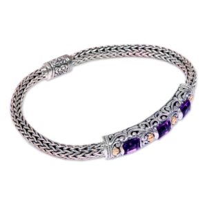 NOVICA Artisan Handmade Gold Accent Amethyst Braided Bracelet Bali Silver Sterling Purple Pendant Indonesia Birthstone Balinese 'Bedugul Temple'