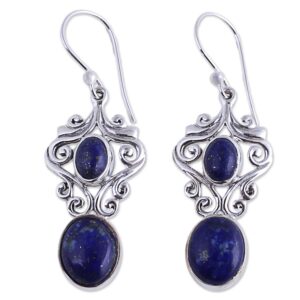 novica artisan handcrafted lapis lazuli dangle earrings sterling silver tone india birthstone [1.8 in l x 0.6 in w x 0.3 in d] ' whimsical tendrils'