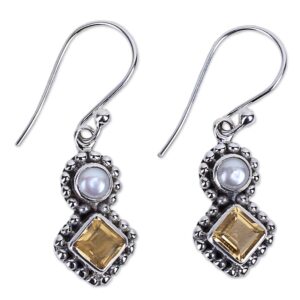 novica artisan handmade cultured pearl citrine dangle earrings silver 925 sterling white yellow india spicy mustard primrose birthstone [1.3 in l x 0.4 in w x 0.2 in d] ' kolkata sparkle'