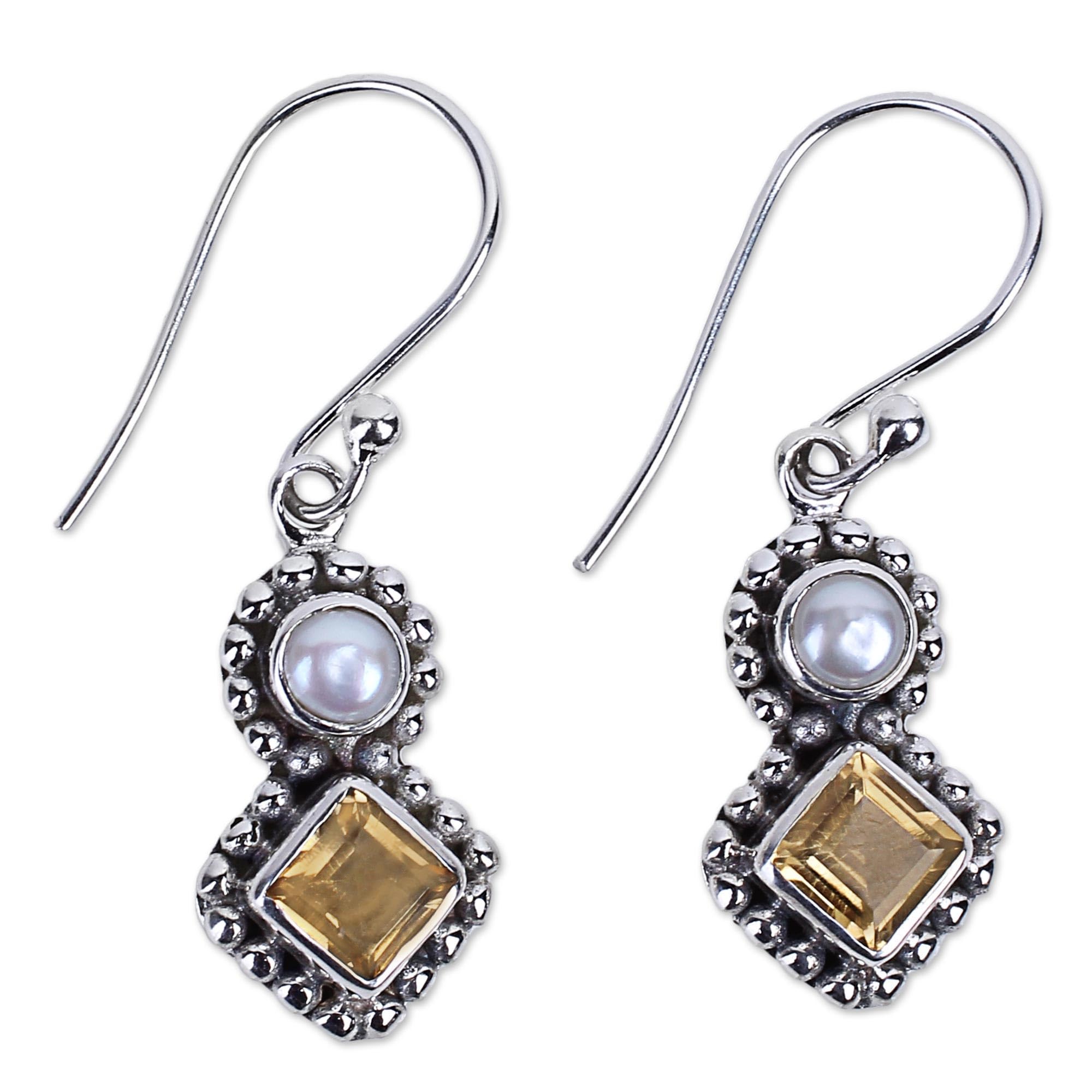 NOVICA Artisan Handmade Cultured Pearl Citrine Dangle Earrings Silver 925 Sterling White Yellow India Spicy Mustard Primrose Birthstone [1.3 in L x 0.4 in W x 0.2 in D] ' Kolkata Sparkle'