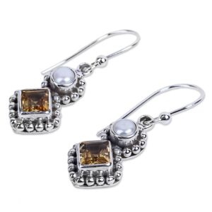 NOVICA Artisan Handmade Cultured Pearl Citrine Dangle Earrings Silver 925 Sterling White Yellow India Spicy Mustard Primrose Birthstone [1.3 in L x 0.4 in W x 0.2 in D] ' Kolkata Sparkle'