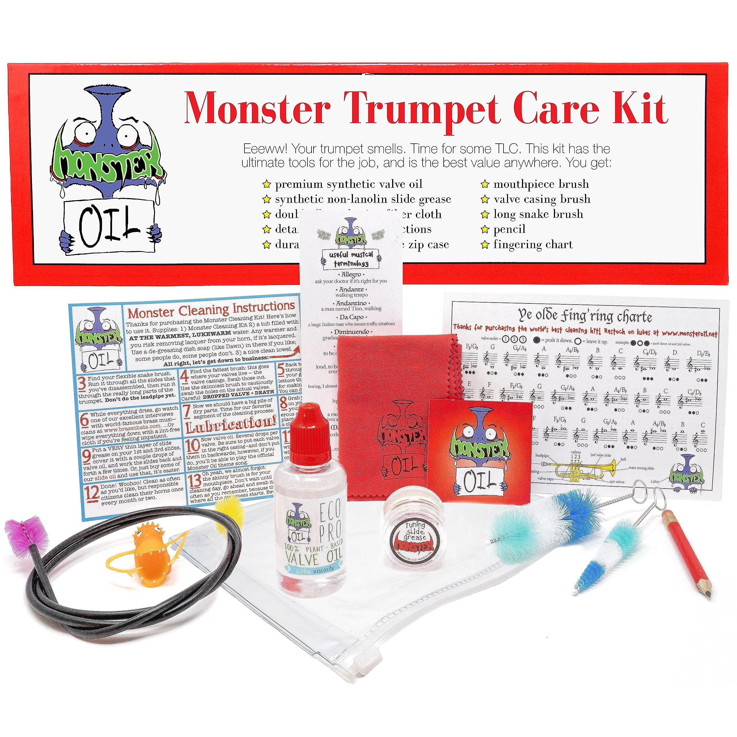 Monster Trumpet Cleaning Kit | USA-Based and Veteran-Owned! | Valve Oil, Slide Grease, and More to Take Care of and Clean Your Trumpet and Cornet!