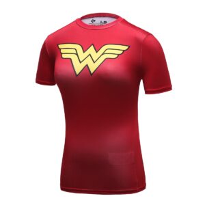 Red Plume Women's Compression Fitness Sport T-Shirt Superhero Sercies Short-Sleeved Yoga Sport Shirt for Women Red