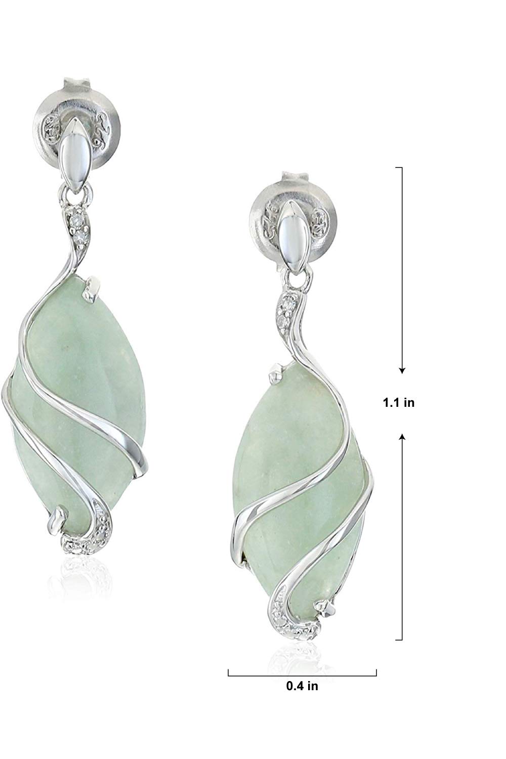 MORGAN & PAIGE .925 Sterling Silver & Green Jade Diamond-Accented 3/4" Wire-Wrapped Marquise Cut Drop Earrings