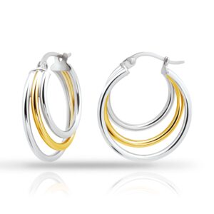 hoops & loops sterling silver two-tone triple circle round-tube polished hoop earrings, 20mm