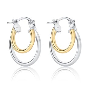 hoops & loops yellow gold flash sterling silver two-tone double circle round-tube polished hoop earrings, 15mm