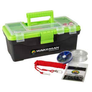 fishing single tray tackle box- 55 piece tackle gear kit includes sinkers, hooks lures bobbers swivels and fishing line by wakeman outdoors lime green