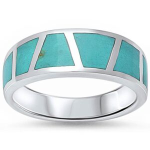 half eternity green simulated turquoise inlay wedding band ring 925 sterling silver, size-7