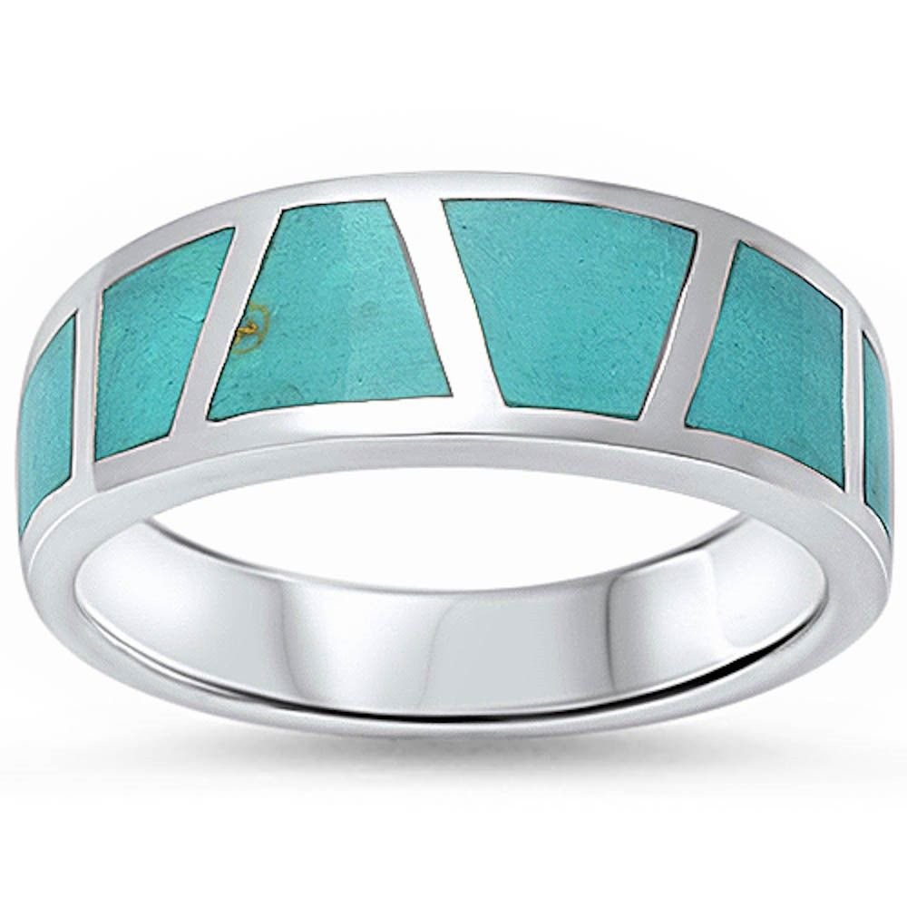 Half Eternity Green Simulated Turquoise Inlay Wedding Band Ring 925 Sterling Silver, Size-9