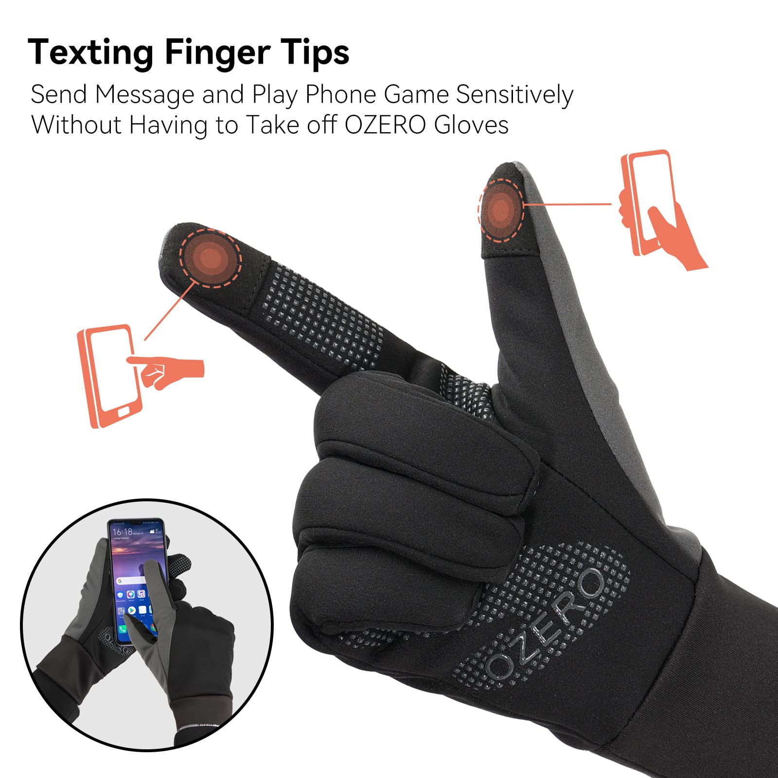 OZERO Winter Gloves for Women Touch Screen Non-Slip Silica Gel Thermal for Phone Texting - Windproof Waterproof for Hiking Running Cycling Driving - Black (Medium)