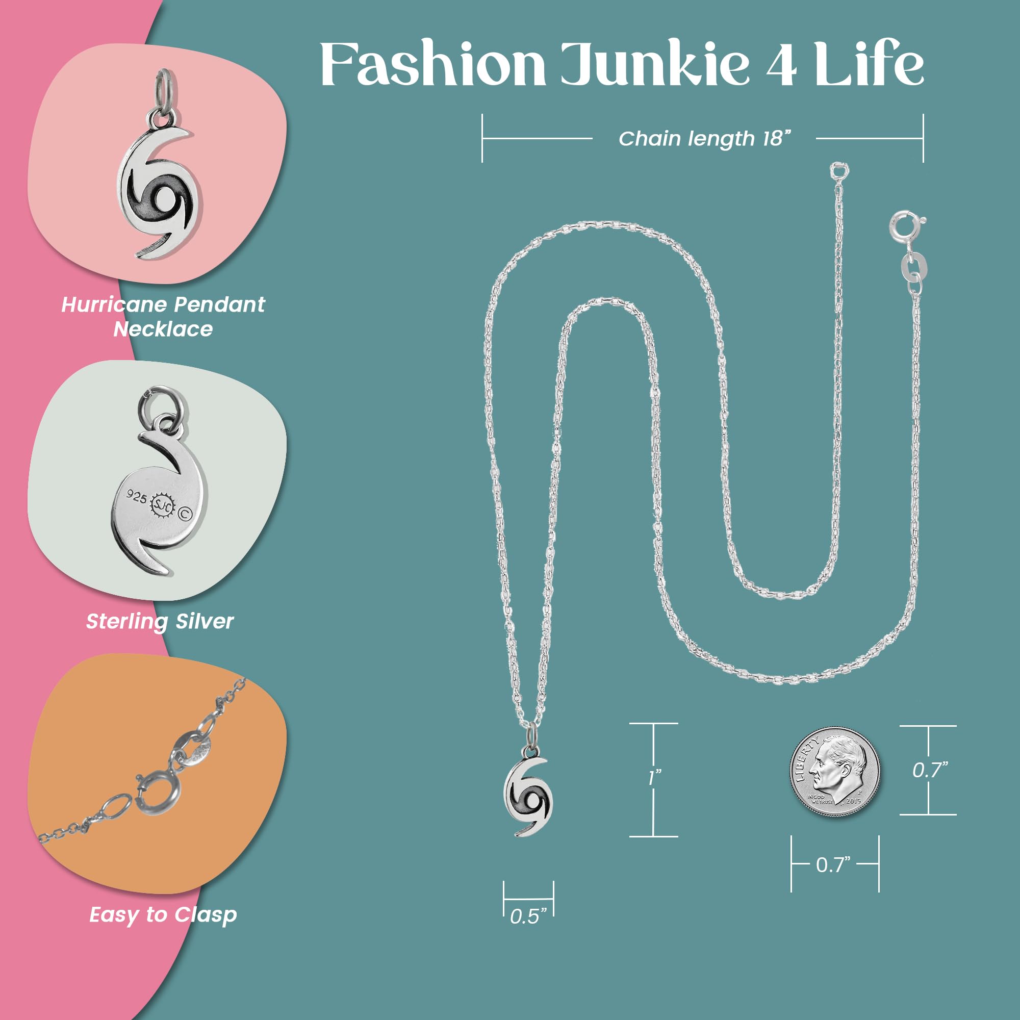 FashionJunkie4Life Sterling Silver Hurricane Necklace, 18" Chain | Birthday Gift for Men and Women