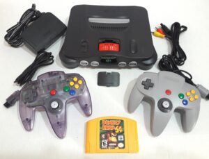 nintendo 64 console with donkey kong 64 game & 2 controllers