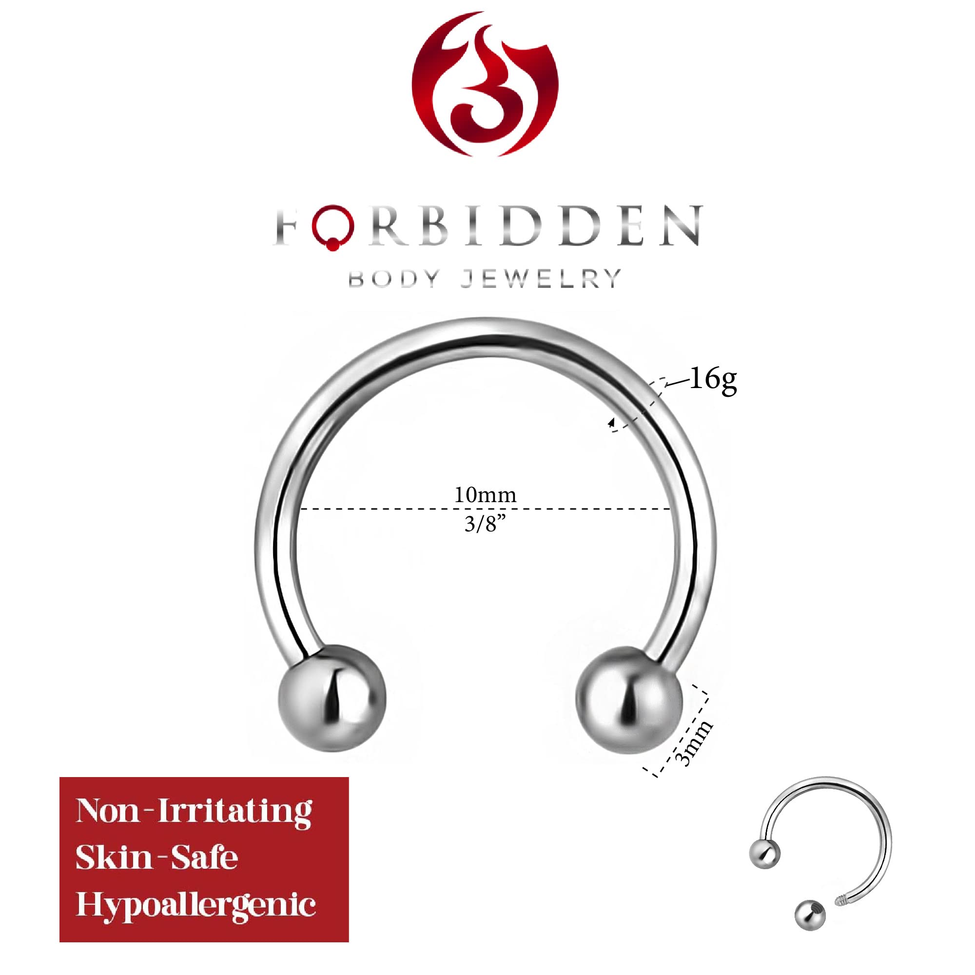 Forbidden Body Jewelry 16g 3/8" Titanium Septum Piercing Horseshoe Hoop Ring with 3 mm Balls