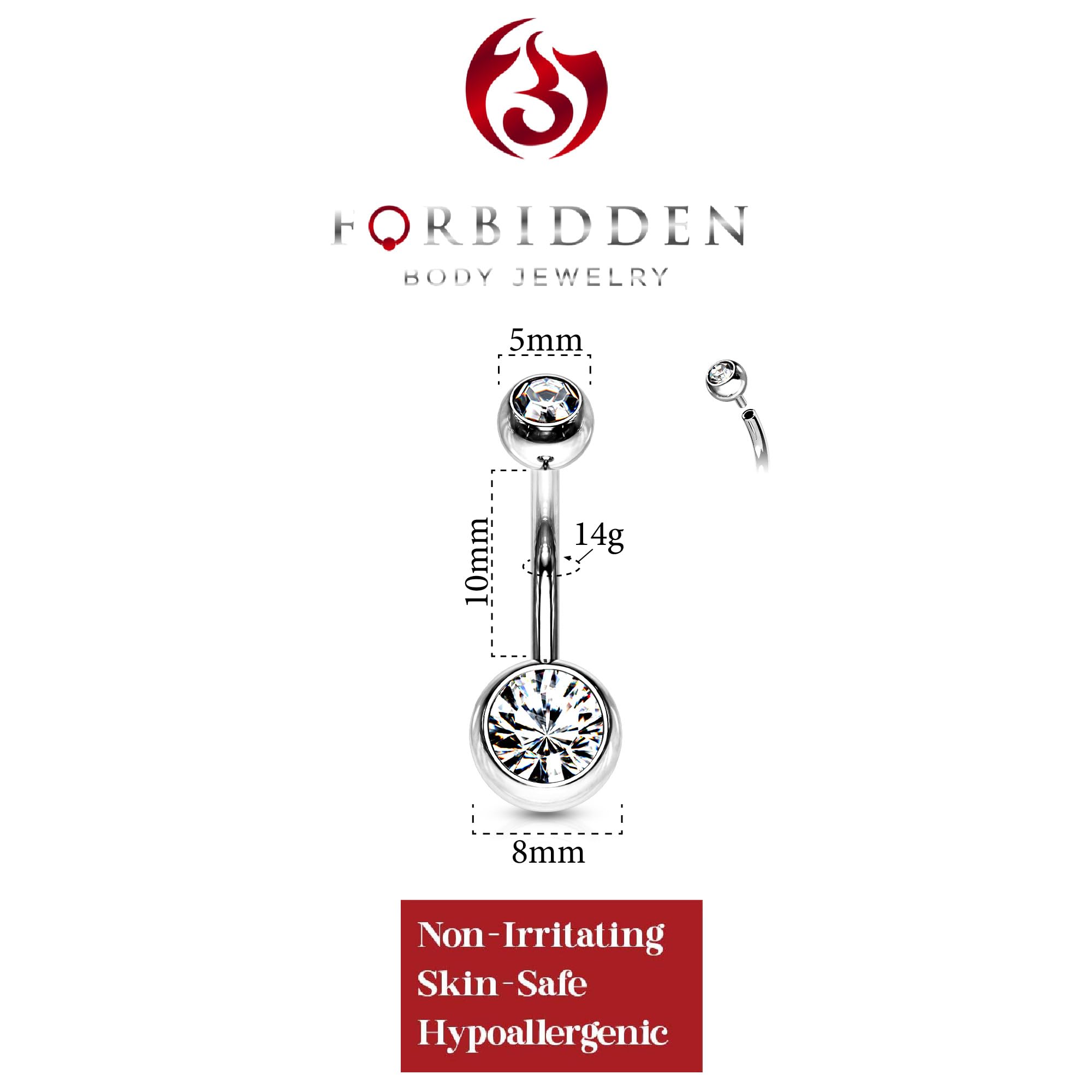 Forbidden Body Jewelry Belly Button Ring Double CZ Crystal Ball Belly Ring Surgical Steel Internally Threaded 14G