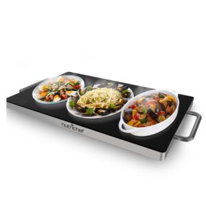 nutrichef large electric warming tray -20" x 12" hot plate -ideal for buffets, restaurants, parties, and home dinners -glass top keeps food hot - perfect for events -black -heat your food up to 203°f.