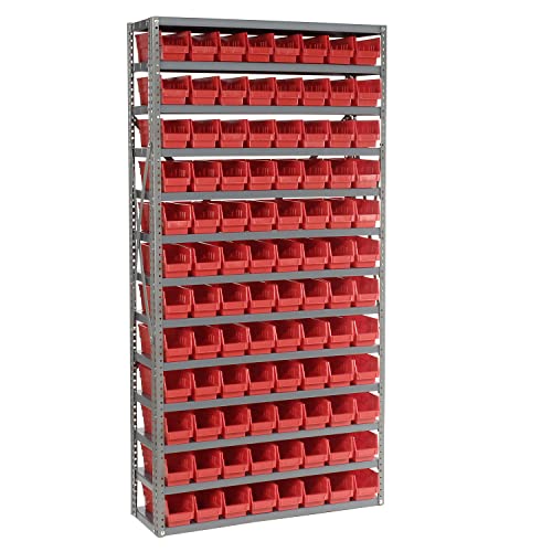 Global Industrial 13 Shelf Steel Shelving with (96) 4" H Plastic Shelf Bins, Red, 36x12x72