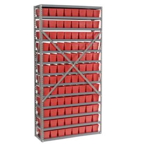 Global Industrial 13 Shelf Steel Shelving with (96) 4" H Plastic Shelf Bins, Red, 36x12x72