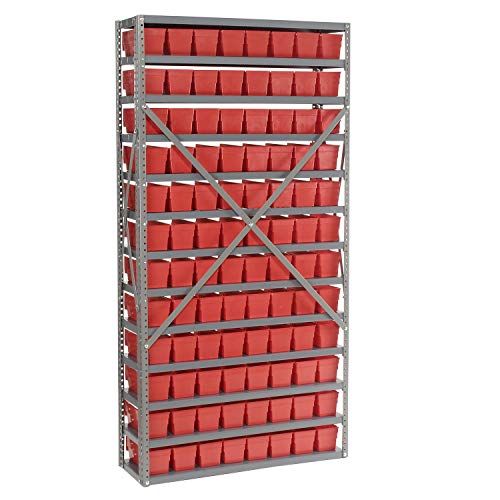 Global Industrial 13 Shelf Steel Shelving with (96) 4" H Plastic Shelf Bins, Red, 36x12x72