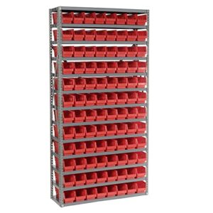 Global Industrial 13 Shelf Steel Shelving with (96) 4" H Plastic Shelf Bins, Red, 36x12x72