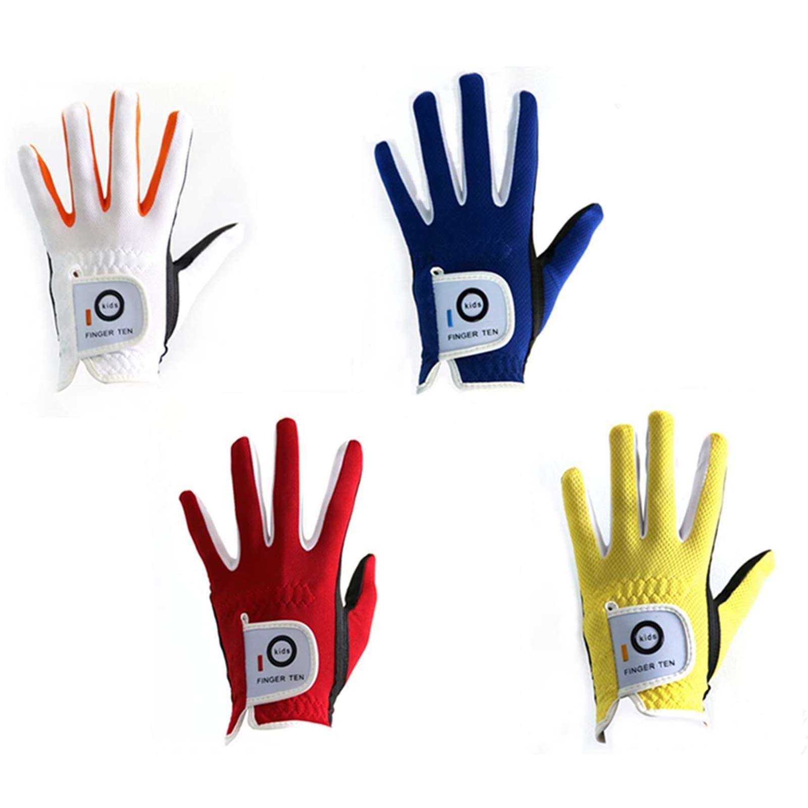 FINGER TEN Junior kids Dura Feel White Blue Red Yellow Golf Gloves Extra Value 2 Pack (Small White, left)