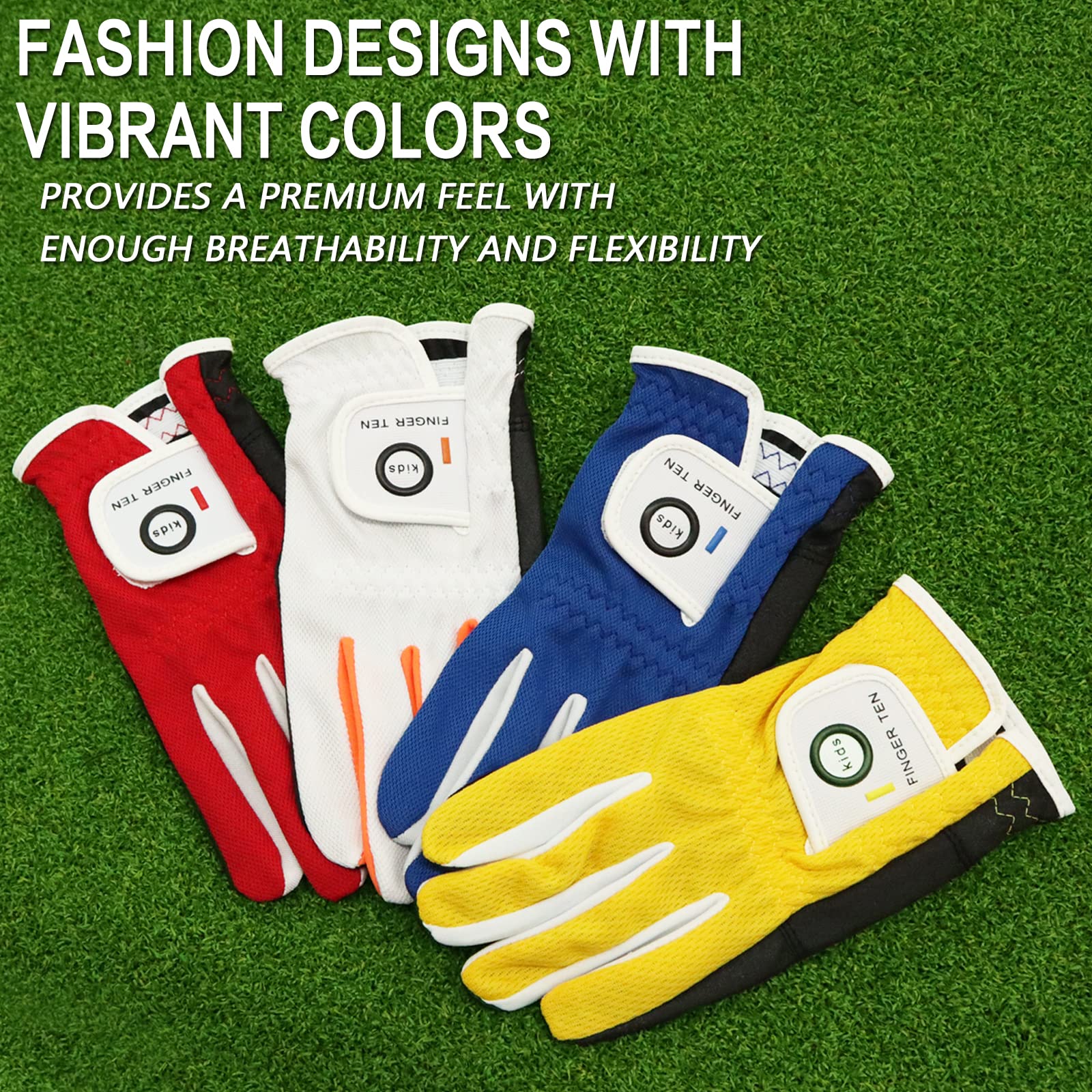 FINGER TEN Junior kids Dura Feel White Blue Red Yellow Golf Gloves Extra Value 2 Pack (Small White, left)