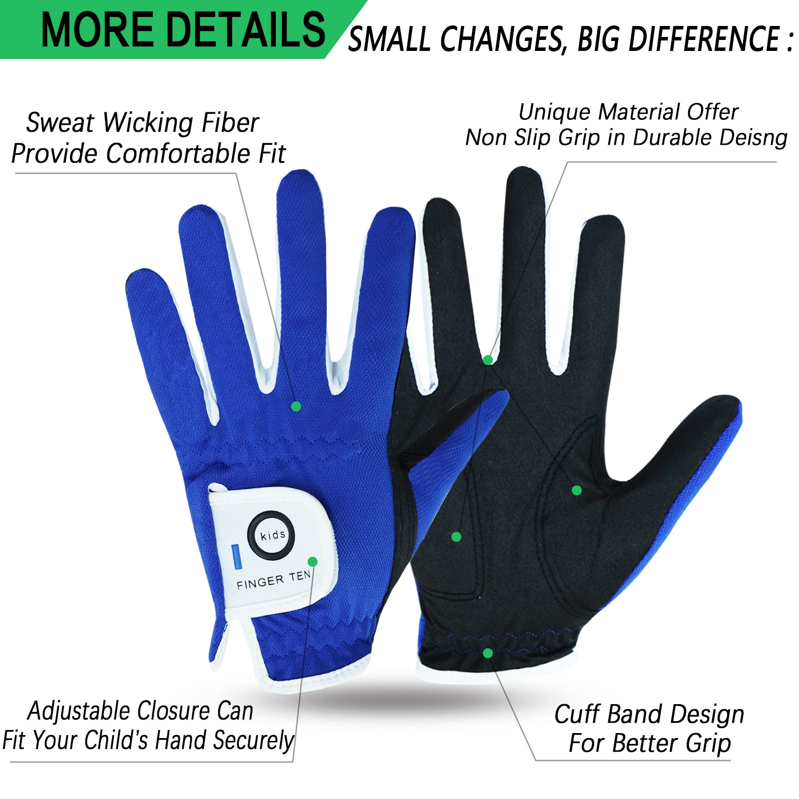 Golf Gloves Junior Kids Youth Toddler Boys Girls Left Hand Right Hand Dura Feel White Blue Red Yellow Golf Glove Extra Value 2 Pack Age 4-11 Years Old (X-Large(Age 9-10) Blue, Worn on Left Hand)