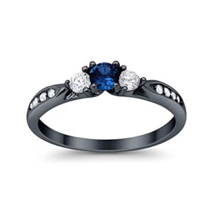 925 sterling silver black tone rhodium plated ring, round simulated blue sapphire with clear cz accent, size-7