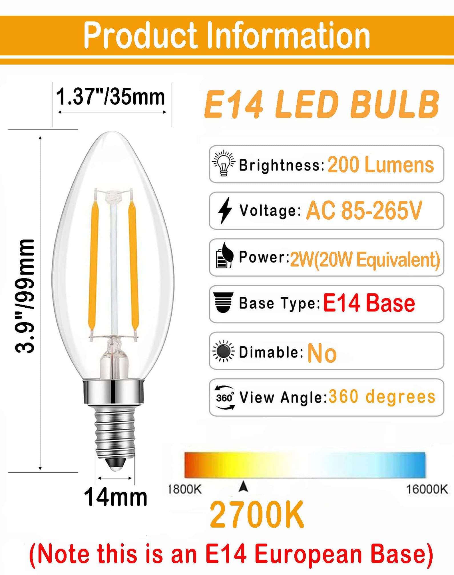 Lamsky E14 European Base LED Filament Edison Bulb, 2W Warm White 2700K, No-Dimmable (4-Pack)