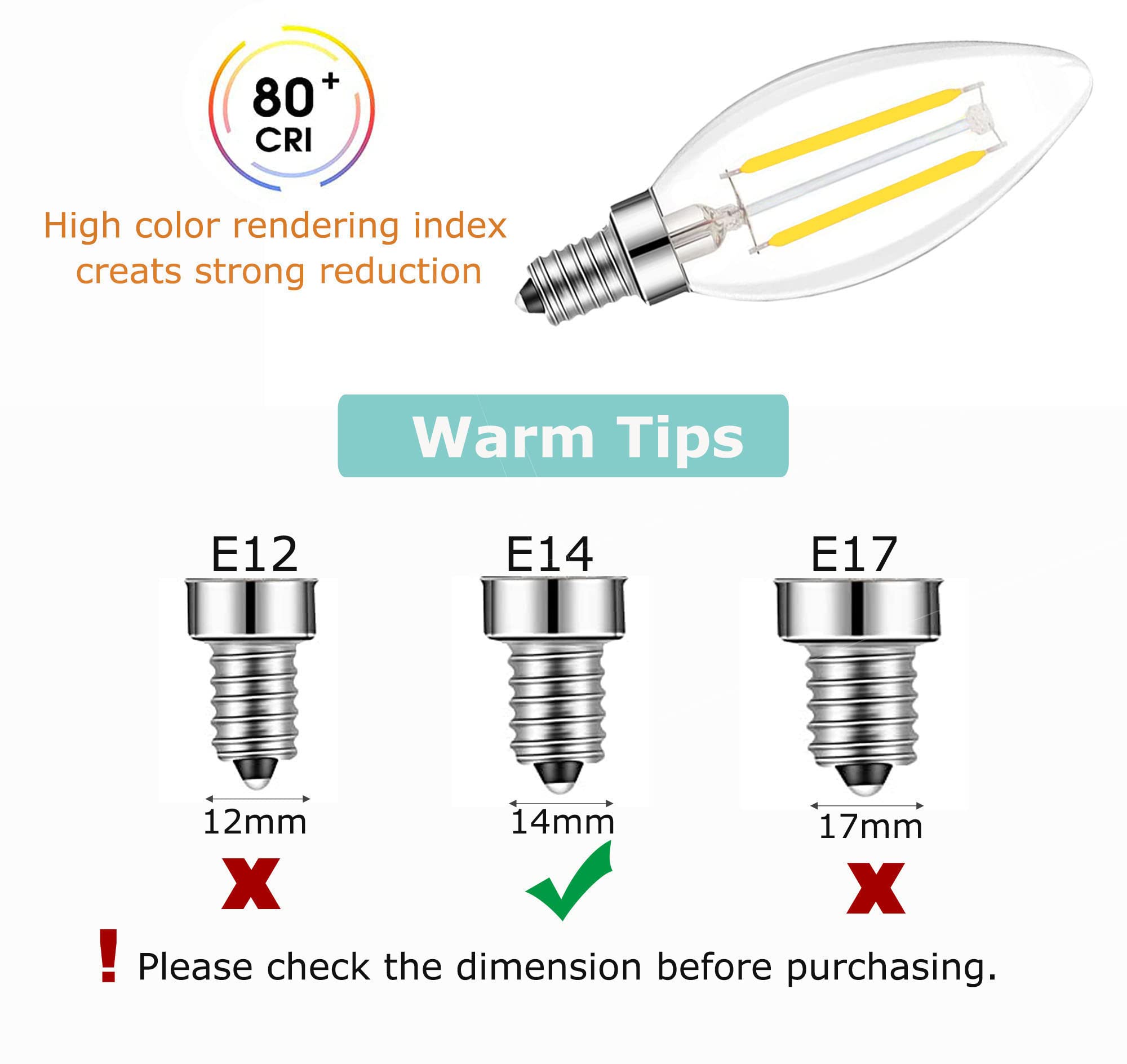 Lamsky E14 LED Filament Candle Shape Light Bulb,E14 European Base Bulb,Daylight 6000K 200LM 20W Equivalent,C35 Clear Glass Torpedo Shape Bullet Top,No-Dimmable (4-Pack)