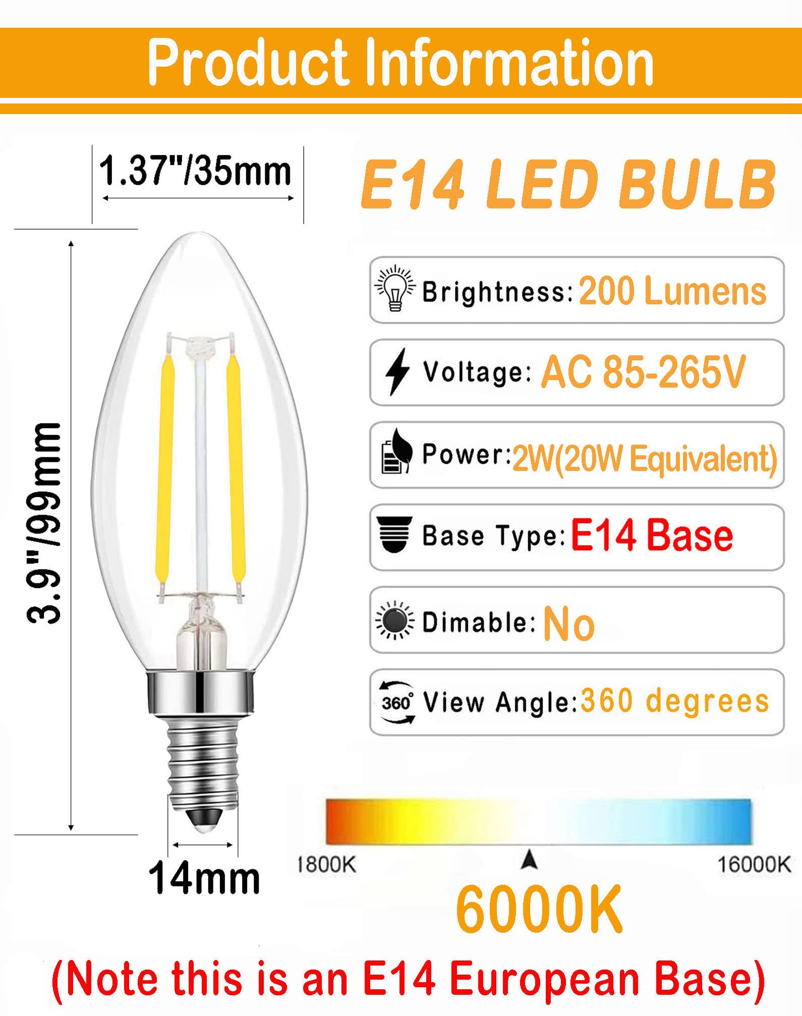 Lamsky E14 LED Filament Candle Shape Light Bulb,E14 European Base Bulb,Daylight 6000K 200LM 20W Equivalent,C35 Clear Glass Torpedo Shape Bullet Top,No-Dimmable (4-Pack)