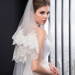 EllieHouse Chapel Length 2 Tier Sequin Lace Wedding Bridal Veil For Bride Ivory