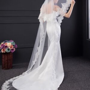 EllieHouse Chapel Length 2 Tier Sequin Lace Wedding Bridal Veil For Bride Ivory