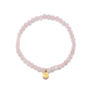 satya jewelry 4mm rose quartz and 18k yellow gold plated mini lotus stretch women's bracelet, 7"