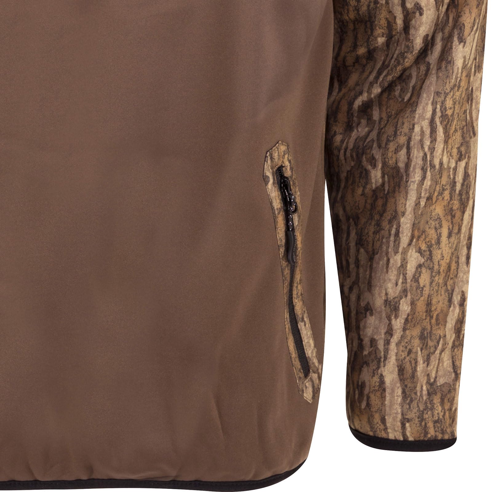 Drake Waterfowl Men's MST Endurance Soft Shell Camo Hunting Warm Quarter-Zip Hoodie with Chest Pocket & 2 Hip Zipper Pockets, Mossy Oak Bottomland, Large