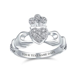 personalize bff sorority sister cz pave celtic irish friendship promise crown heart claddagh ring for women teen .925 sterling silver custom engraved