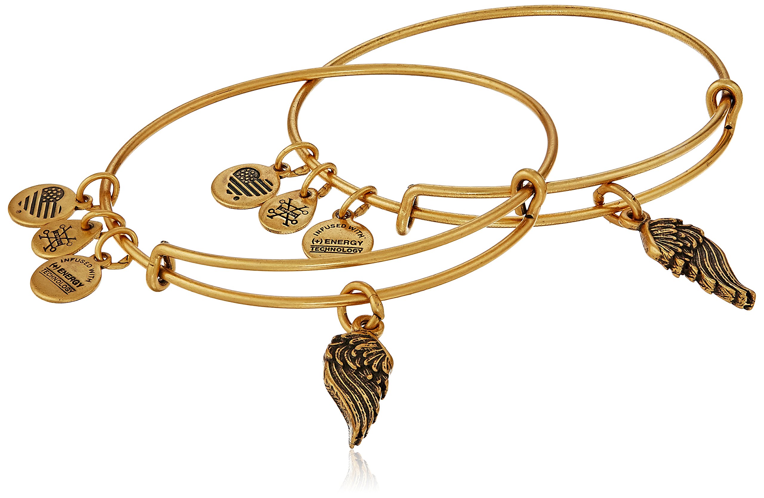 Alex and Ani "Path of Symbols" Wings Set of 2 Gold Expandable Wire Bangle Charm Bracelet