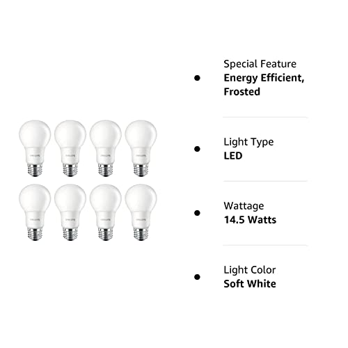 Philips LED High Lumen A19, Non-Dimmable, 1500-Lumen, Soft White Light (2700K), 14W=100W, E26 Base, 8-Pack