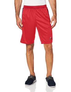 adidas men's designed-2-move 3-stripe shorts, scarlet/utility black, x-small