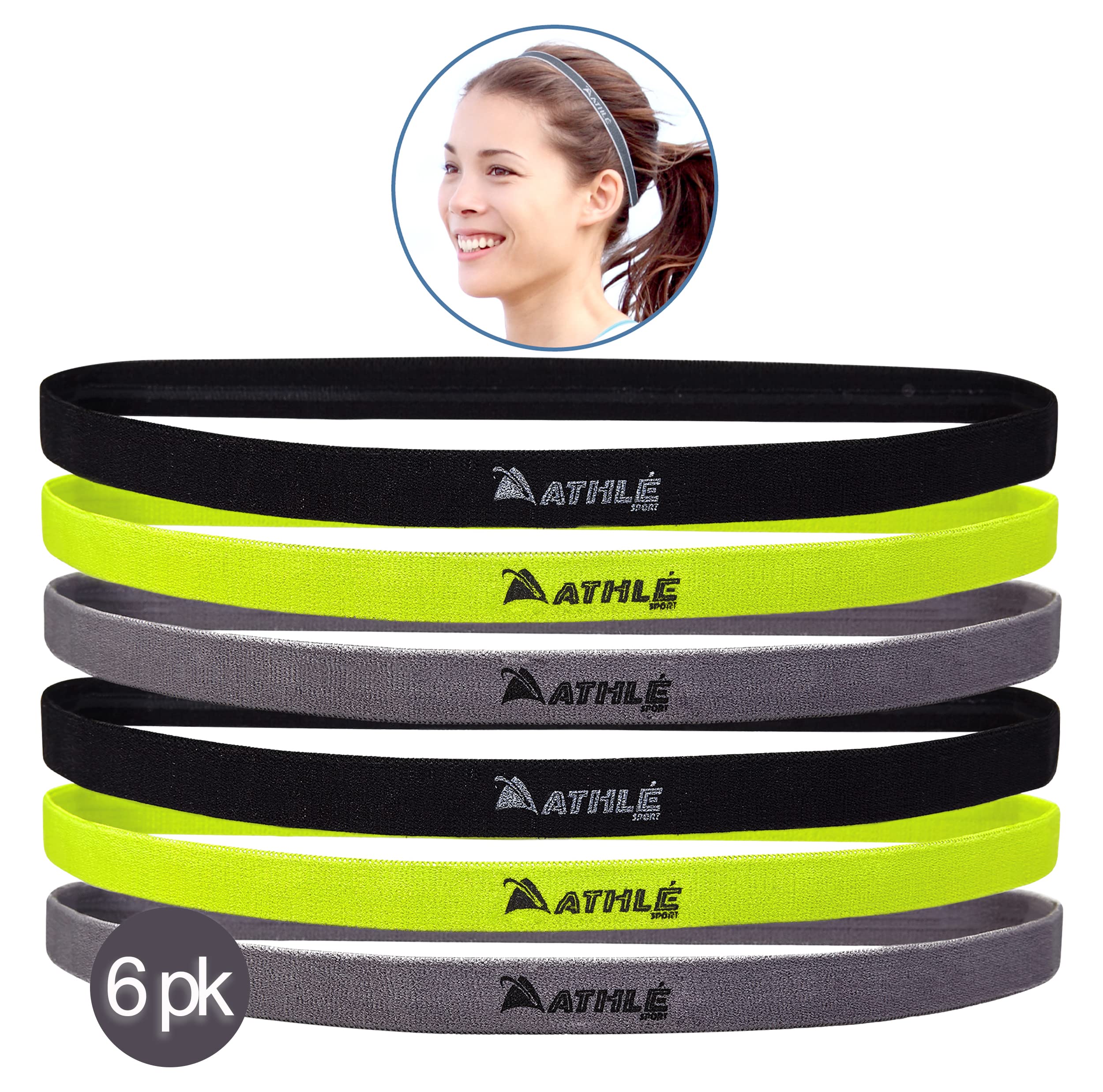 Athlé Skinny Headbands for Women and Men - 6 Pack - Elastic Headbands for Women and Men - Non Slip Silicone Grip - Lightweight and Comfortable Thin Headbands - Black, Green, Grey