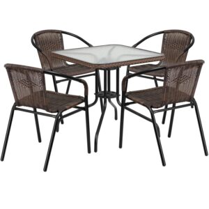 flash furniture lila 28'' square glass metal table with dark brown rattan edging and 4 dark brown rattan stack chairs