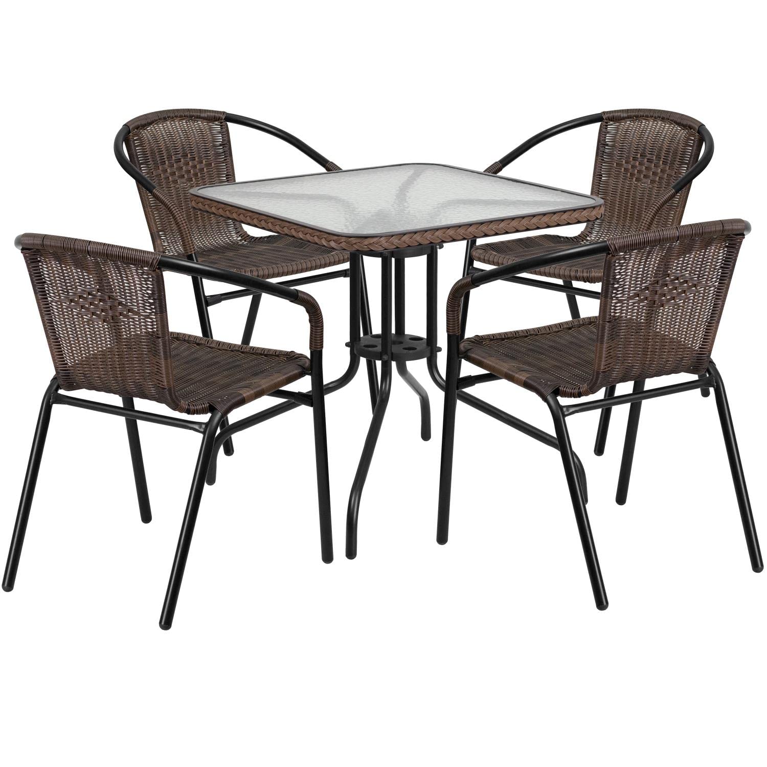 Flash Furniture Lila 28'' Square Glass Metal Table with Dark Brown Rattan Edging and 4 Dark Brown Rattan Stack Chairs