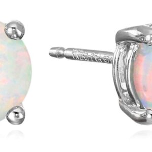 Amazon Essentials Sterling Silver Round Created Opal Birthstone Stud Earrings (October) (previously Amazon Collection)