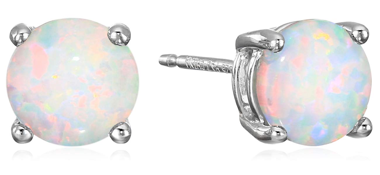 Amazon Essentials Sterling Silver Round Created Opal Birthstone Stud Earrings (October) (previously Amazon Collection)